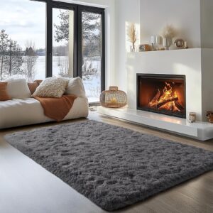 zentavio grey area rug for living room bedroom 4x6 soft fluffy fuzzy furry shaggy aesthetic carpet plush high pile floor throw rug for nursery kids room dorm room