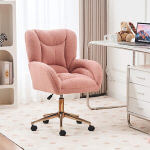 anewome swivel office desk chair with wheels upholstered sherpa desk modern armchair height adjustable computer task chair boucle makeup vanity desk with gold metal frame, 38.2" h pink