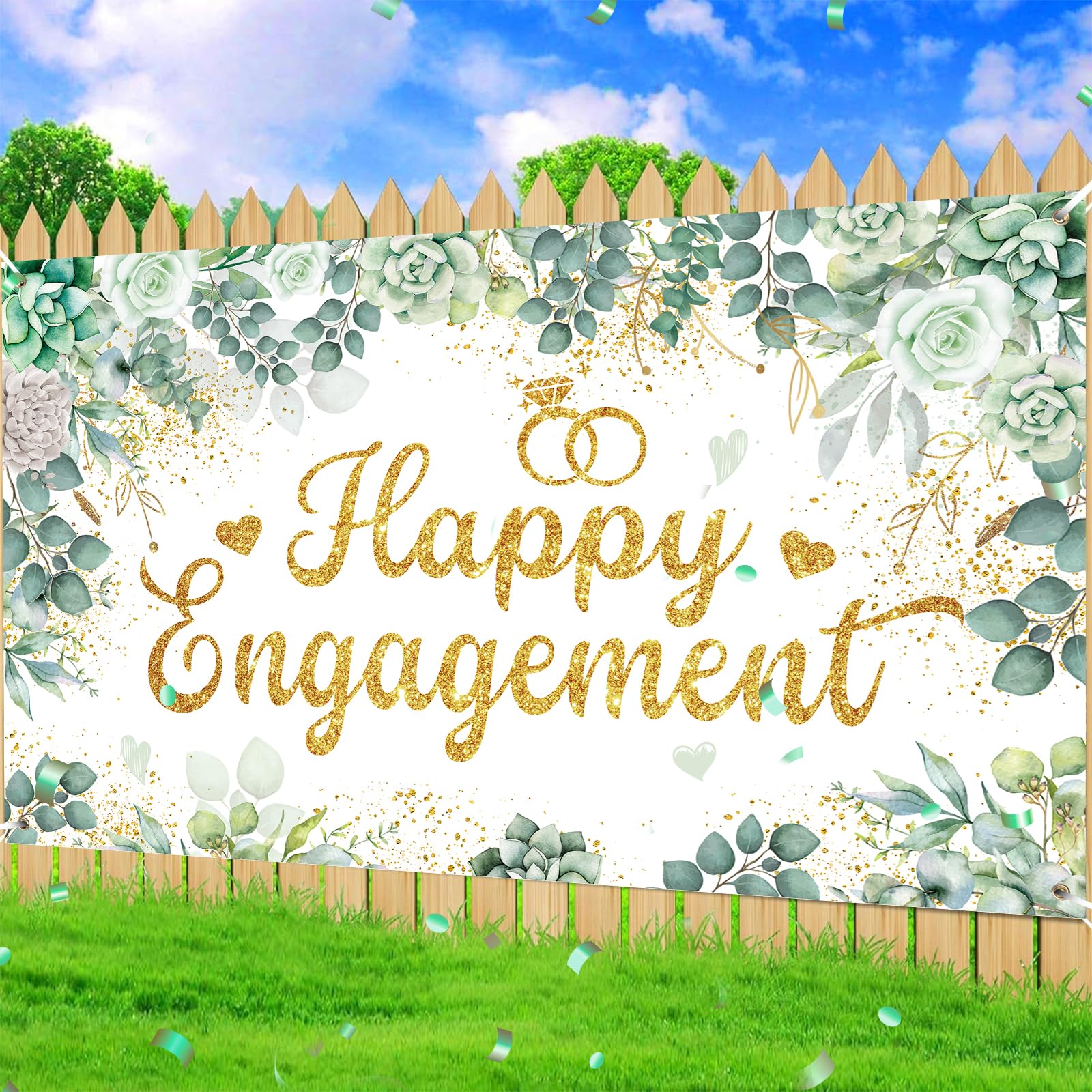 Eucalyptus Engagement Party Decoration, Green Happy Engagement Banner Sage Green Just Engaged Banner Green Engagement Backdrop Just Married Decorations Kit for Couple Engagement Party Bridal Shower