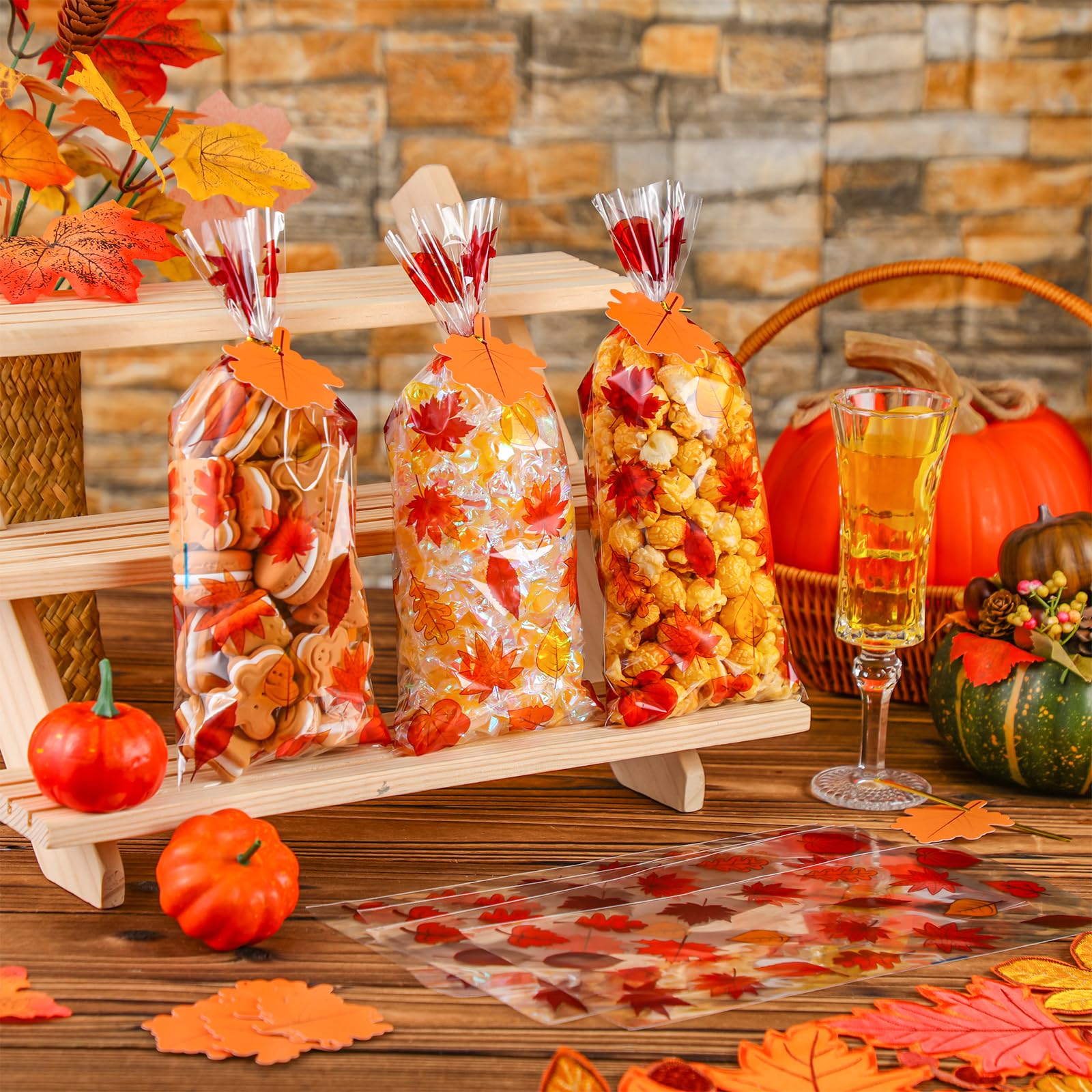 Gueevin 150 Set Fall Leaves Cellophane Treat Bags Goodie Candy Bag Bulk Cookie Bags Cello Bags with Twist Ties Gift Cards Party Favors Bags for Party Supplies