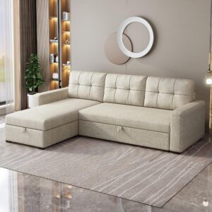 Acosure L-Shape Upholstered Sectional Sofa with Storage Chaise & Pull,Convertible Couch W/ 3 Back Cushions,Reversible Sleeper for Living Room Office Apartment,Beige