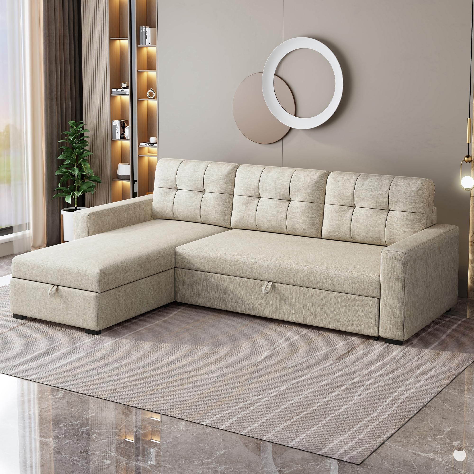 Acosure L-Shape Upholstered Sectional Sofa with Storage Chaise & Pull,Convertible Couch W/ 3 Back Cushions,Reversible Sleeper for Living Room Office Apartment,Beige