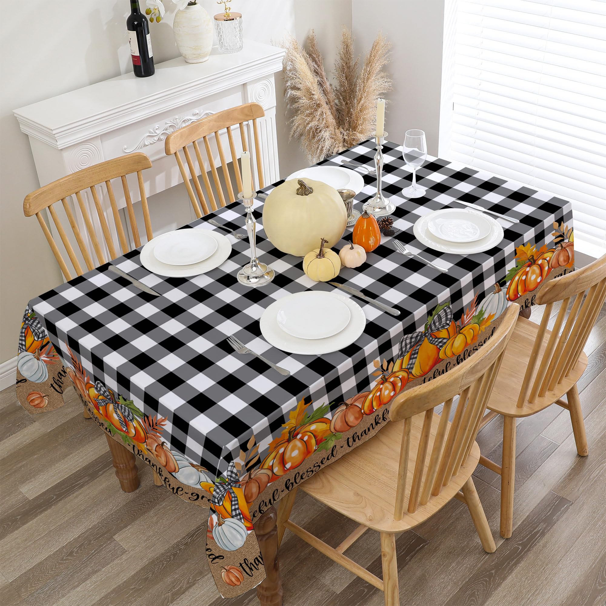 cusugbaso Thanksgiving Tablecloth 60x84 Inch Rectangle - Black Plaid Pumpkins Fall Decorations for Home - Water Resistant Harvest Fall Table Cloth Rectangle for Party, Dinning, Home