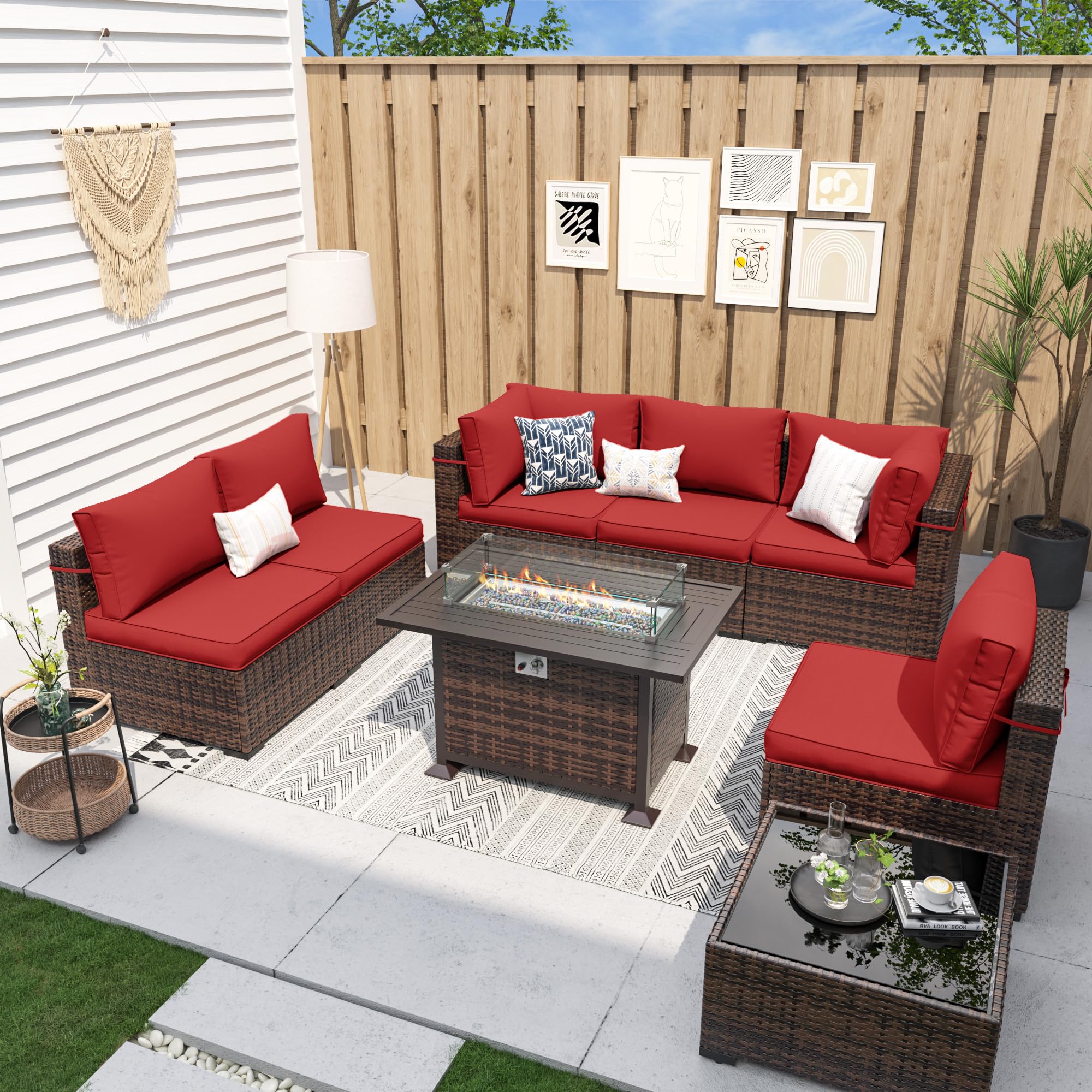 UDPATIO Patio Furniture Sets with Fire Pit Table, Modular Rattan Outdoor Conversation Patio Sectional Furniture Sofa Set for Backyard, Deck w/Coffee Table, 8PC Brown/Red (Include Sofa Cover)