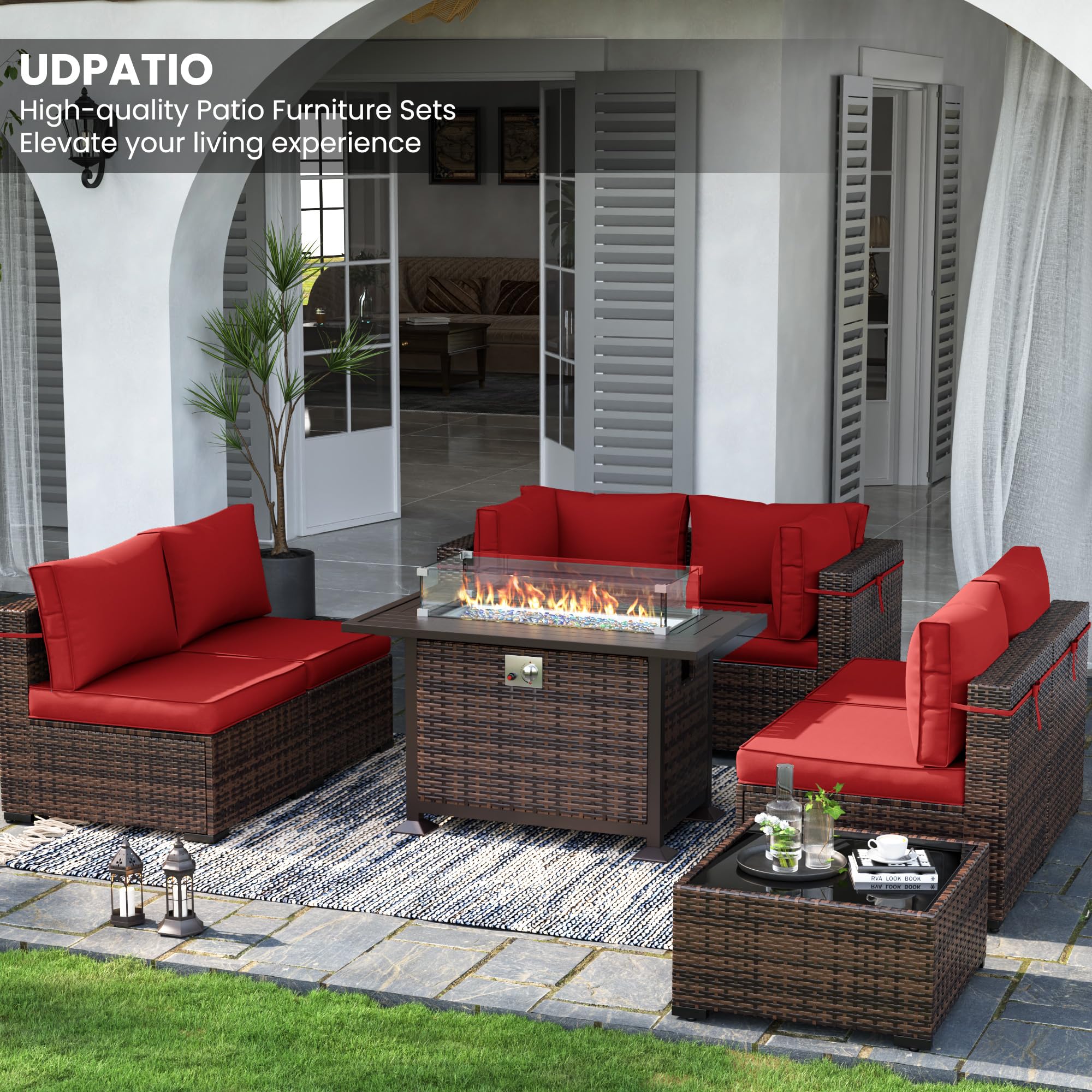 UDPATIO Patio Furniture Sets with Fire Pit Table, Modular Rattan Outdoor Conversation Patio Sectional Furniture Sofa Set for Backyard, Deck w/Coffee Table, 8PC Brown/Red (Include Sofa Cover)