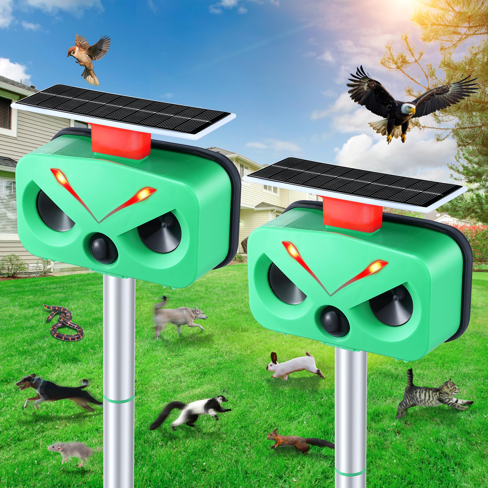 2 Pack Ultrasonic Cat Repellent Outdoor, Solar USB Powered Animal Repeller Ultrasonic Deer Deterrent Devices with Motion Sensor Waterproof Pest Deterrent for Dog Skunk Squirrel Raccoon Coyote Rabbit