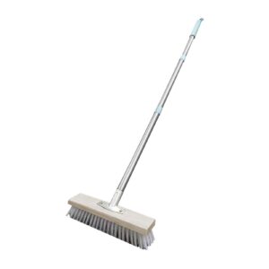 stainless steel wire broom deck scrub brush with long handle, stiff metal bristle brush, heavy duty floor brush for outdoor patio deck garden