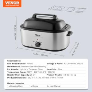 VEVOR Electric Roaster Oven, 26 QT Turkey Roaster Oven with Self-Basting Lid, 1450W Roaster Oven with Defrost & Warm Function, Adjustable Temperature, Removable Pan & Rack, Fits Turkeys Up to 30LBS