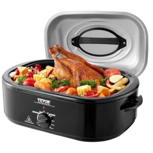 vevor electric roaster oven, 20 qt turkey roaster oven with self-basting lid, 1450w roaster oven with defrost & warm function, adjustable temperature, removable pan & rack, fits turkeys up to 24lbs