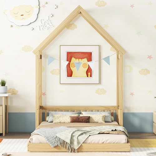 Bellemave Full Size Floor Bed for Kids, Montessori House Bed Frame with House Shape Roof and Semi-Fence, Wood Floor Bed for Boys, Girls, Low to Ground Height, Natural