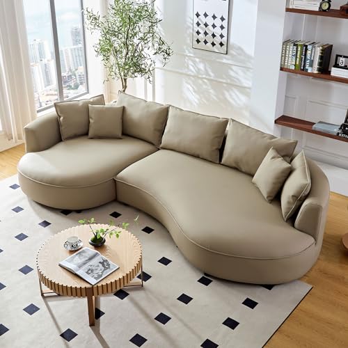 Cloud Curved Sofa Left-Facing Deap Seat Sectional Couch with Lounge Chaise and Pillows, Luxury Bonded Leather Upholstered Minimalist Modular Sofá, 6 Seater L-Shaped Corner Leisure Sofa &Couches