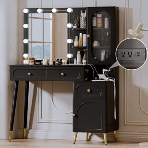 yyj vanity desk with mirror and lights,modern high capacity makeup vanity with 3 drawers,makeup table with power outlet and 10 lights,writing desk for bedroom,makeup room, black