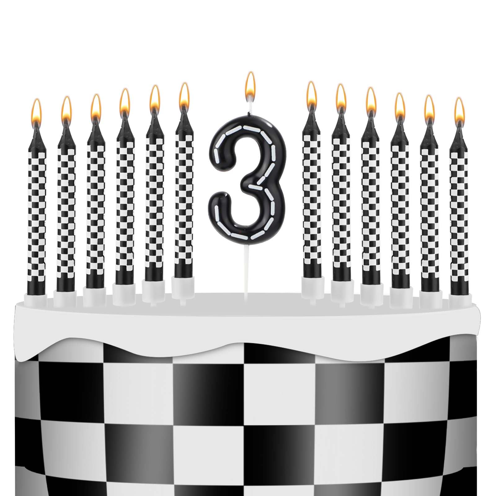 13pcs Racing Cars Themed Birthday Candles, Black and White Checkered Race Car Candles Birthday Cake Numeral Candle Cake Topper for Party Decoration Baby Shower Party Supplies (Number 3)