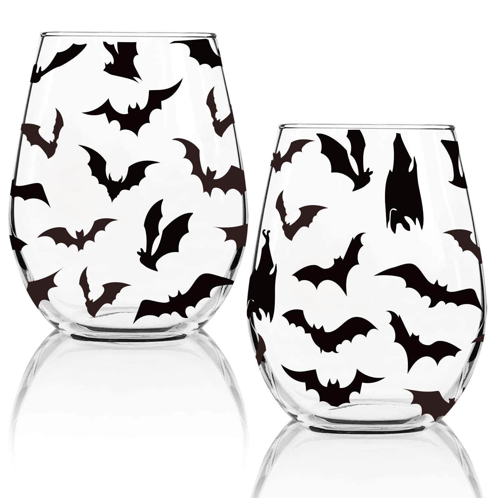 Whaline Halloween Wine Glasses Set of 2 Bat Stemless Wine Glasses 15 Oz Halloween Party Drinking Glasses for Trick or Treat Birthday Party