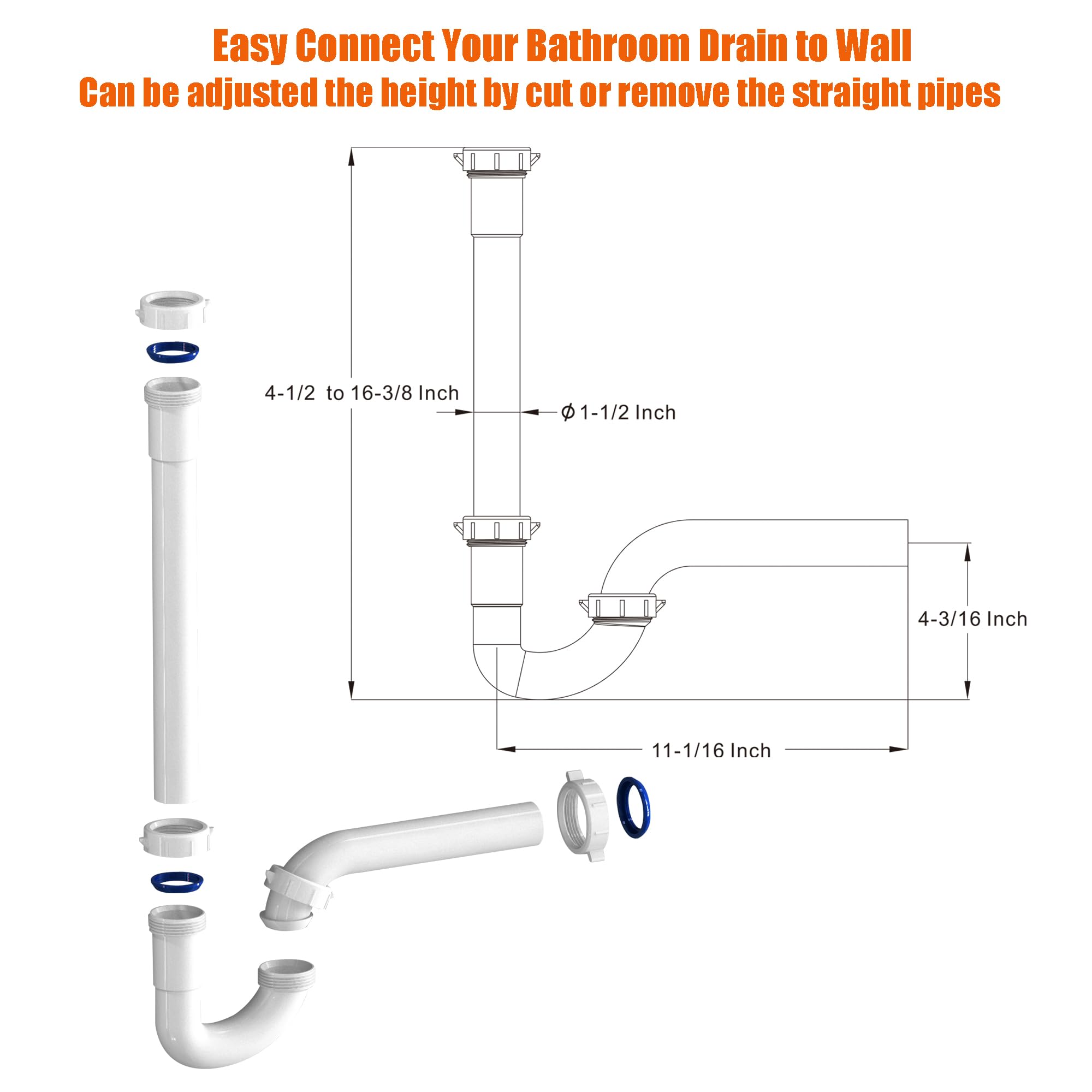 Bathroom Sink Drain Kit,1-1/4” Sink Drain Kit for Most Bathroom Sink Drain Repair Kit and Kitchen Sink Drain Kit,1-1/4” P Trap or S Trap Sink Plumbing Kit,Sink Pipe Replacement Kit