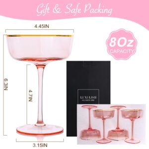 LUXULISH Heart-Shaped Martini Glasses with Golden Rim, Stunning Pink Coupe Glasses Set of 4, Great Cocktail Gift Choice for Wedding, Valentine's Day, Birthdays, Anniversary or Special Date Night - 8Oz