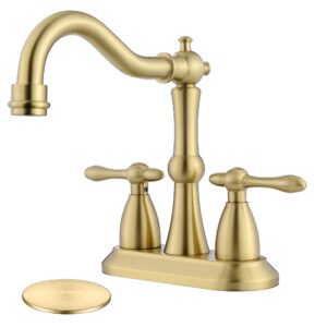 jxmmp brushed gold bathroom faucet, stainless steel 4 inch centerset bathroom faucet with drain and supply hose, 2 hole gold faucet for bathroom sink