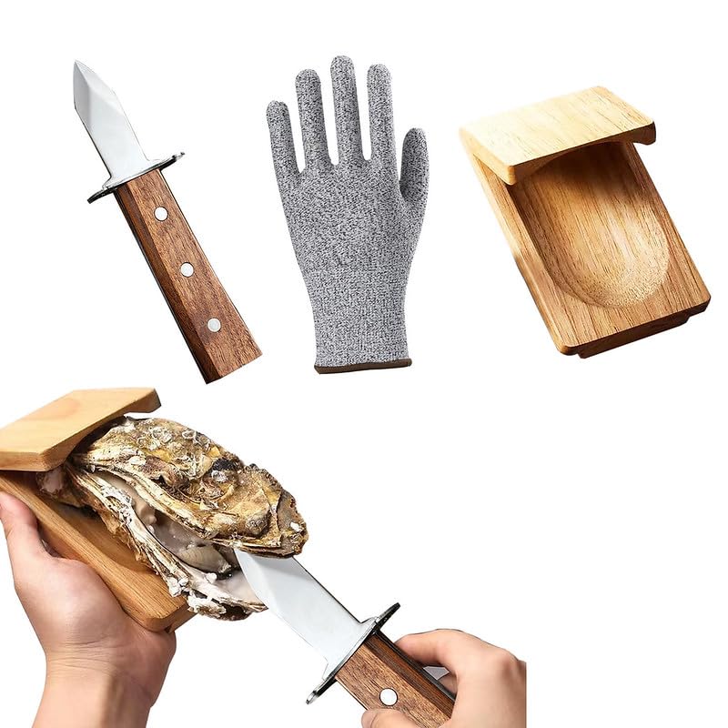 LOVEJO Oyster Clamp Shucking Set, Durable Stainless Steel Knife, Wood Holder, Safety Glove, Multifunctional Oyster Shucking Clamp and Knife for Seafood, Clams, Nuts, Nutcracker & Protective Gloves