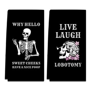 cheroloven halloween bathroom decorations, funny bathroom hand towels, 2 pack gothic kitchen towels dish cloths, scary skull home wall decor halloween party favors - live laugh lobotomy