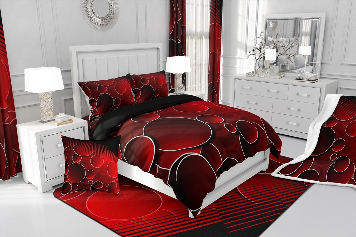 Feelyou Red and Black Duvet Cover 100% Cotton Queen Size Kids Circle Comforter Cover Set for Boys Teens Geometric Bedding Set Modern Geometry Bedspread Cover Room Decor Quilt Cover