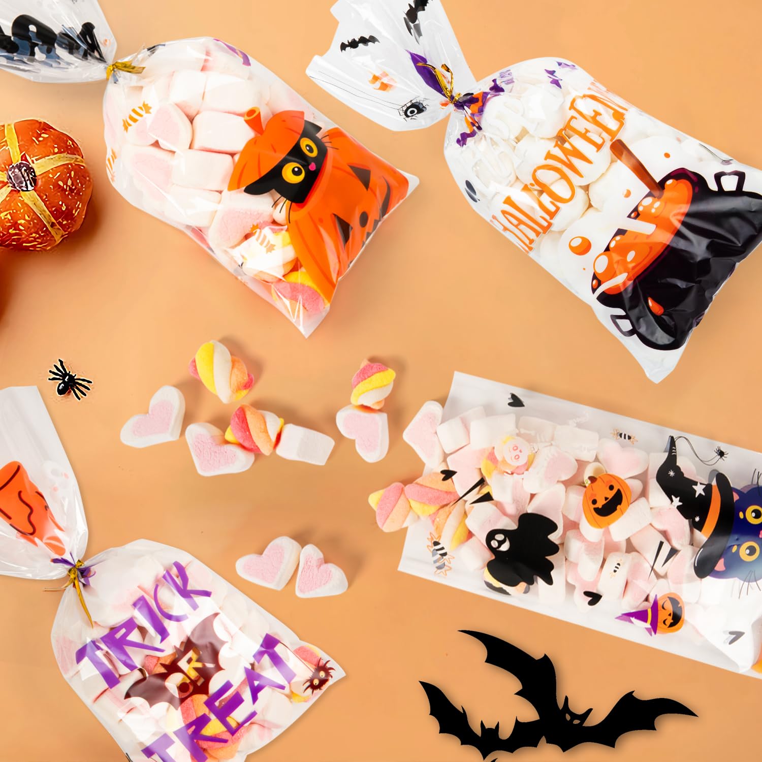 Labeol 150pcs Halloween Treat Bags, 5X11 Halloween Candy bags, Cellophane Bags Goodie Bags Party Favor Bags Clear Gift Bags Cookie Bags Trick or Treat Bags with Ties