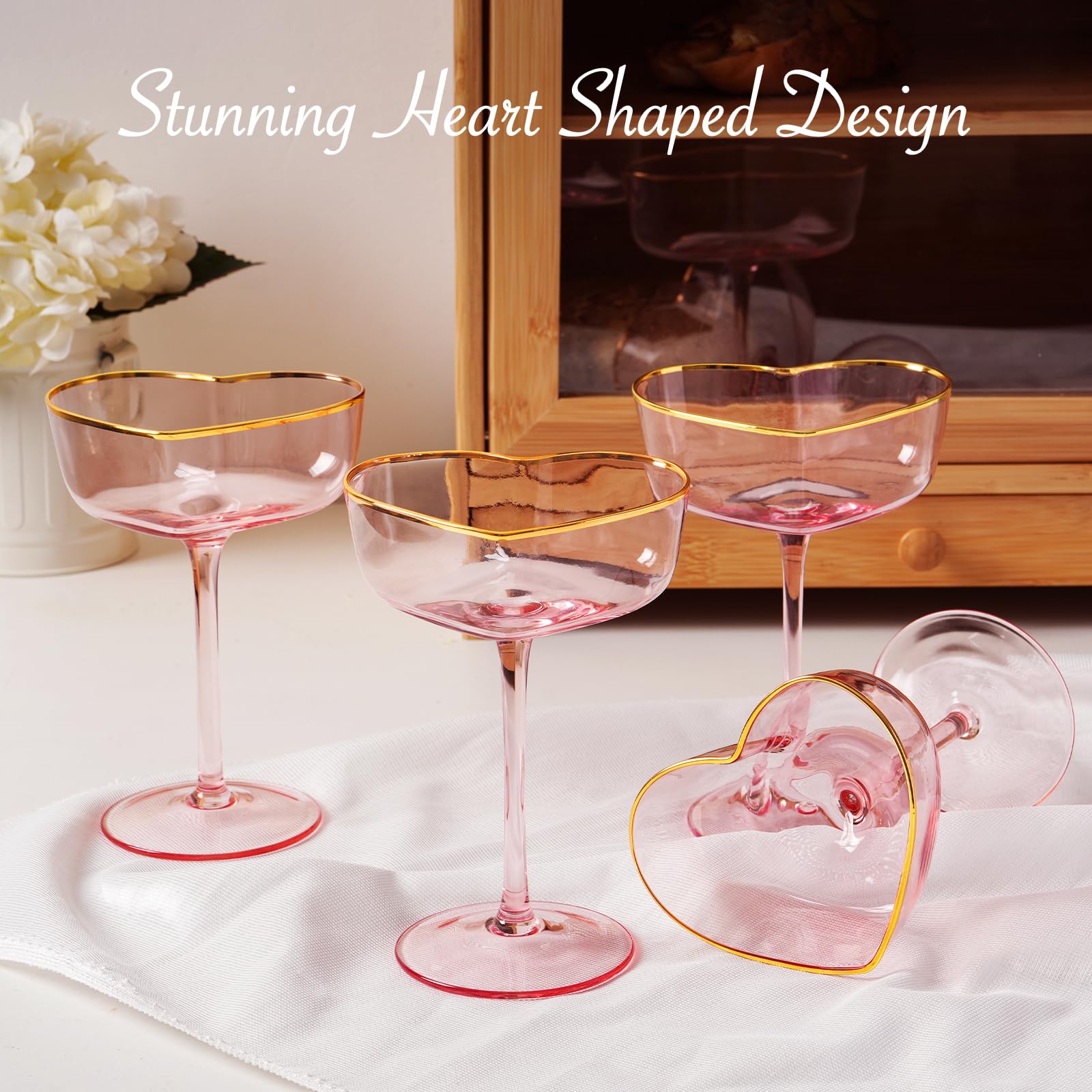 LUXULISH Heart-Shaped Martini Glasses with Golden Rim, Stunning Pink Coupe Glasses Set of 4, Great Cocktail Gift Choice for Wedding, Valentine's Day, Birthdays, Anniversary or Special Date Night - 8Oz