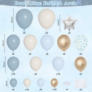 Ouddy Life Dusty Blue Balloons Arch Kit, Different Sizes 18 12 10 5Inch Fog Blue Sand White Champagne Gold Latex Confetti Star Foil Balloon for Boys Baby Bridal Shower Birthday Boho Party Decorations