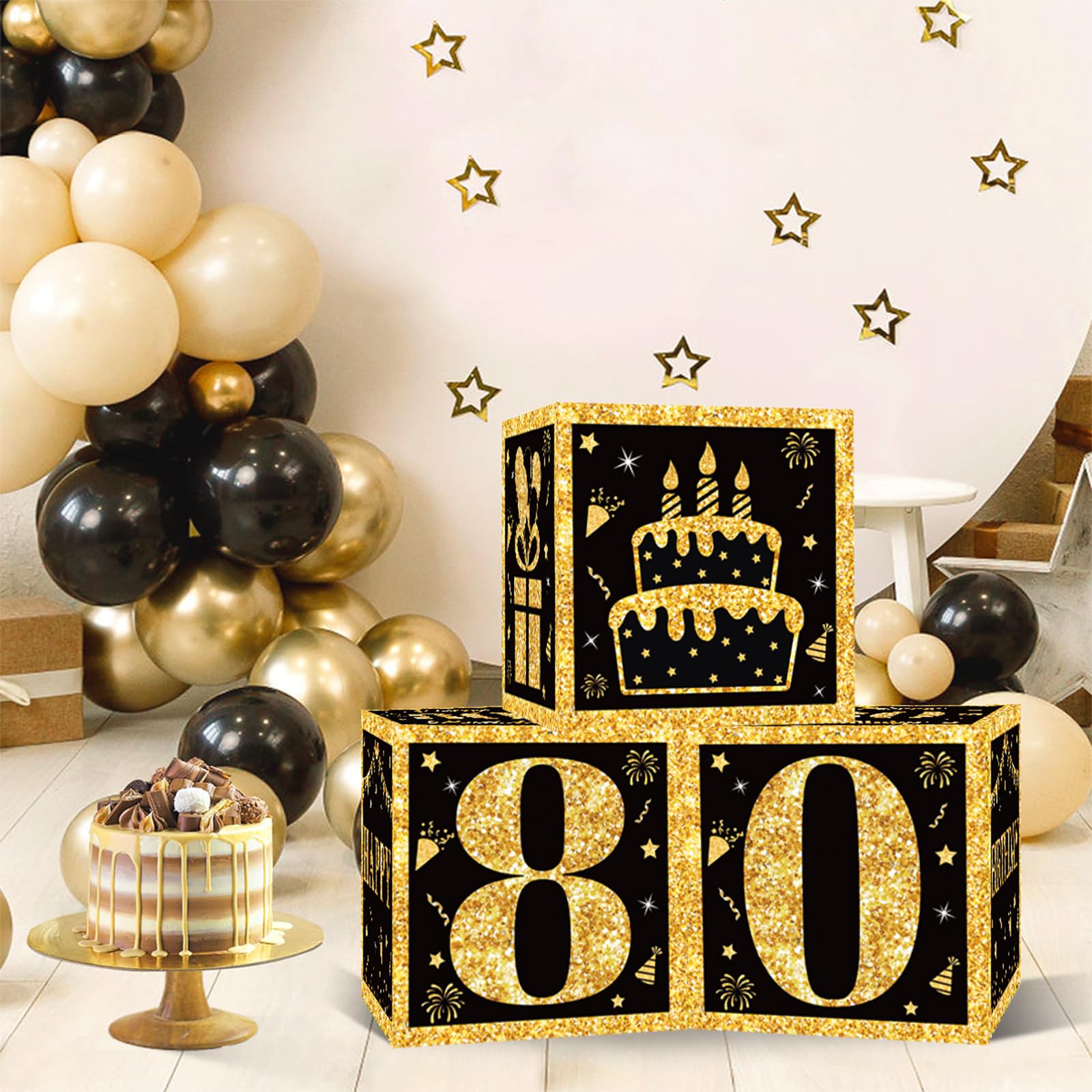 80th Birthday Decorations Boxes for Men- 3PCS Black Gold Happy 80th Birthday Balloons Boxes, 80 Year Old Party Supplies for Men Women