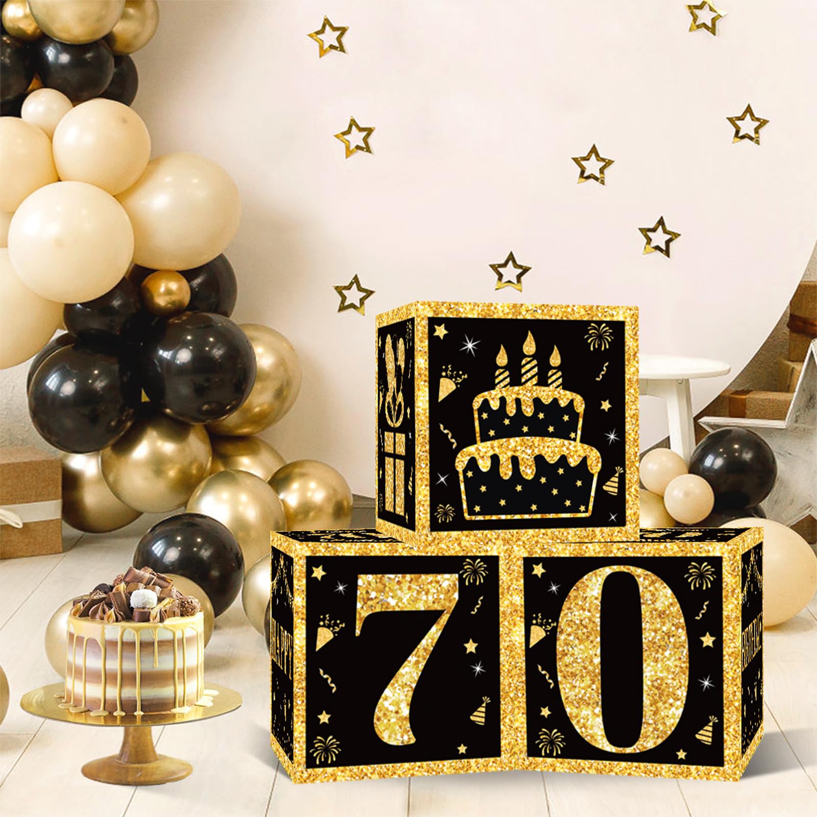 70th Birthday Decorations Boxes for Men- 3PCS Black Gold Happy 70th Birthday Balloons Boxes, 70 Year Old Party Supplies for Men Women