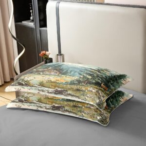 Adventure Cabin Bedding Set Twin Size Farmhouse Lake Life Comforter Cover Watercolor Mountain Trees Bed Set Natural Scenery 100% Cotton Duvet Cover with 1 Pillowcase