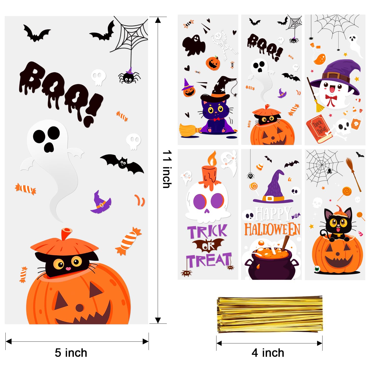 Labeol 150pcs Halloween Treat Bags, 5X11 Halloween Candy bags, Cellophane Bags Goodie Bags Party Favor Bags Clear Gift Bags Cookie Bags Trick or Treat Bags with Ties