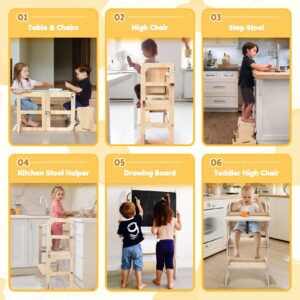 Woodure 6 in-1 Toddler Kitchen Step Stool with Wooden Stool, Foldable Learning Standing Tower with Blackboard & Feeding Tray, Wooden Kitchen Stool Helper for Kids, 1-3 Year Old Boy Girl Gifts