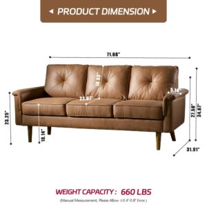 72'' 3-Seater Deep Seat Sofa Couch, Mid-Century Modern Couch, Brown Faux Leather Small Couch for Apartment, Living Room, Bedroom(Light Brown)