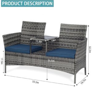 Pieryakers Outdoor Loveseat Rattan Wicker Two Seater,Patio Conversation Sets Built-in Coffee Table and Cushion for Balconies, Lawns, Backyard Outside Sofa Benches (Grey-Blue)