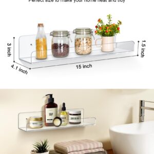 LUSCREAL 4 Pack Floating Shelves for Wall Storage, 15" Bathroom Wall Shelves, Acrylic Shelves for Room Wall Decor, Bedroom, Kitchen, Living Room, Clear