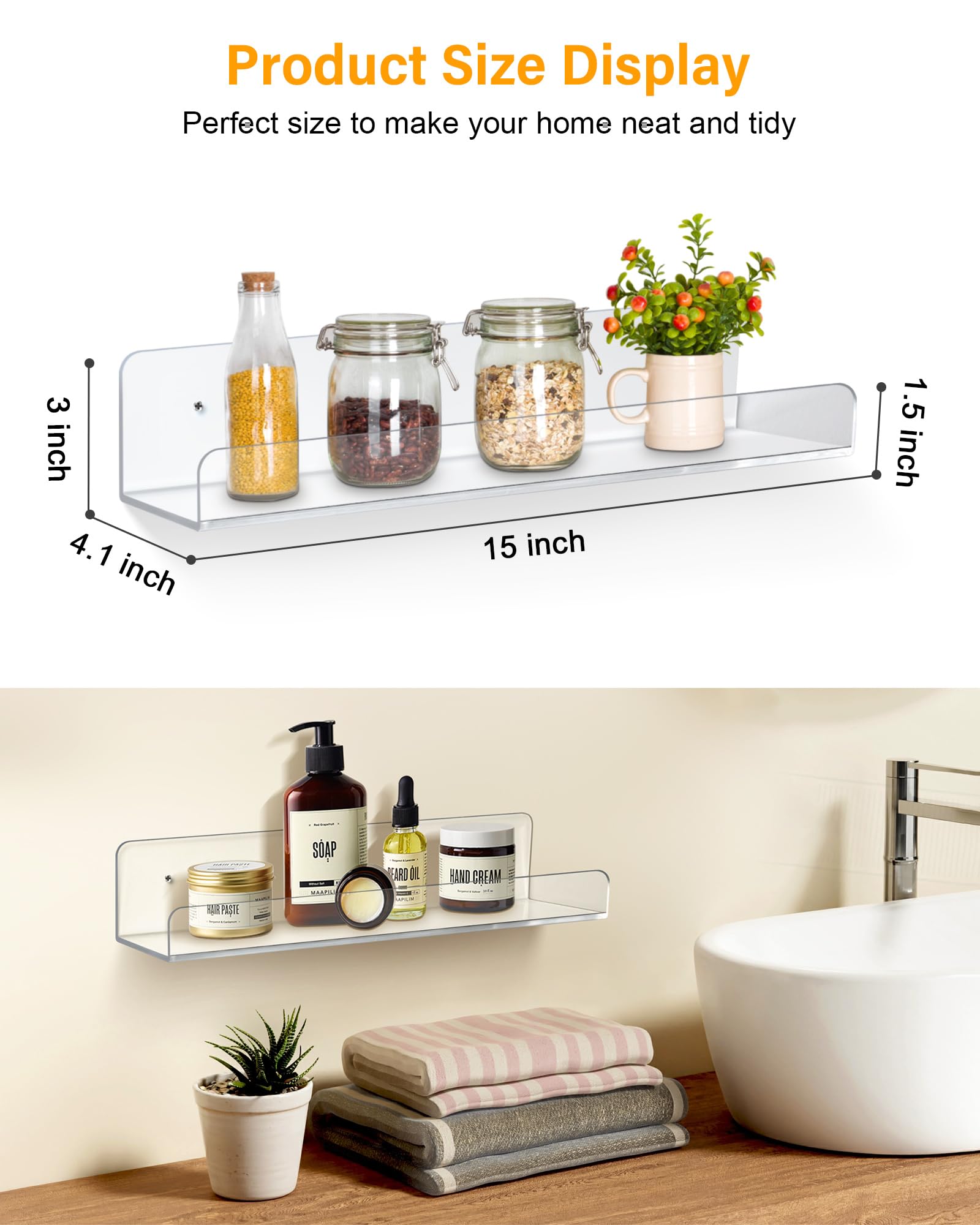 LUSCREAL 4 Pack Floating Shelves for Wall Storage, 15" Bathroom Wall Shelves, Acrylic Shelves for Room Wall Decor, Bedroom, Kitchen, Living Room, Clear