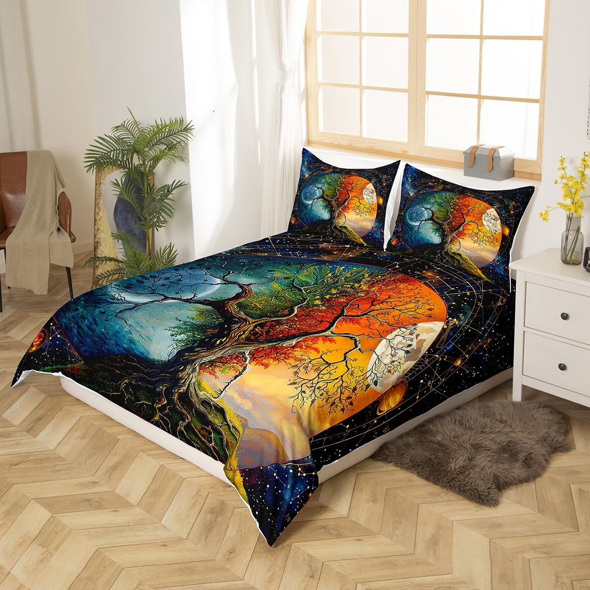 Feelyou Tree of Life Duvet Cover Queen Size Sun and Moon Bedding Set for Kids Psychedelic Galaxy Comforter Cover Set Teens Decor Constellations Bedspread Cover Zipper Closure