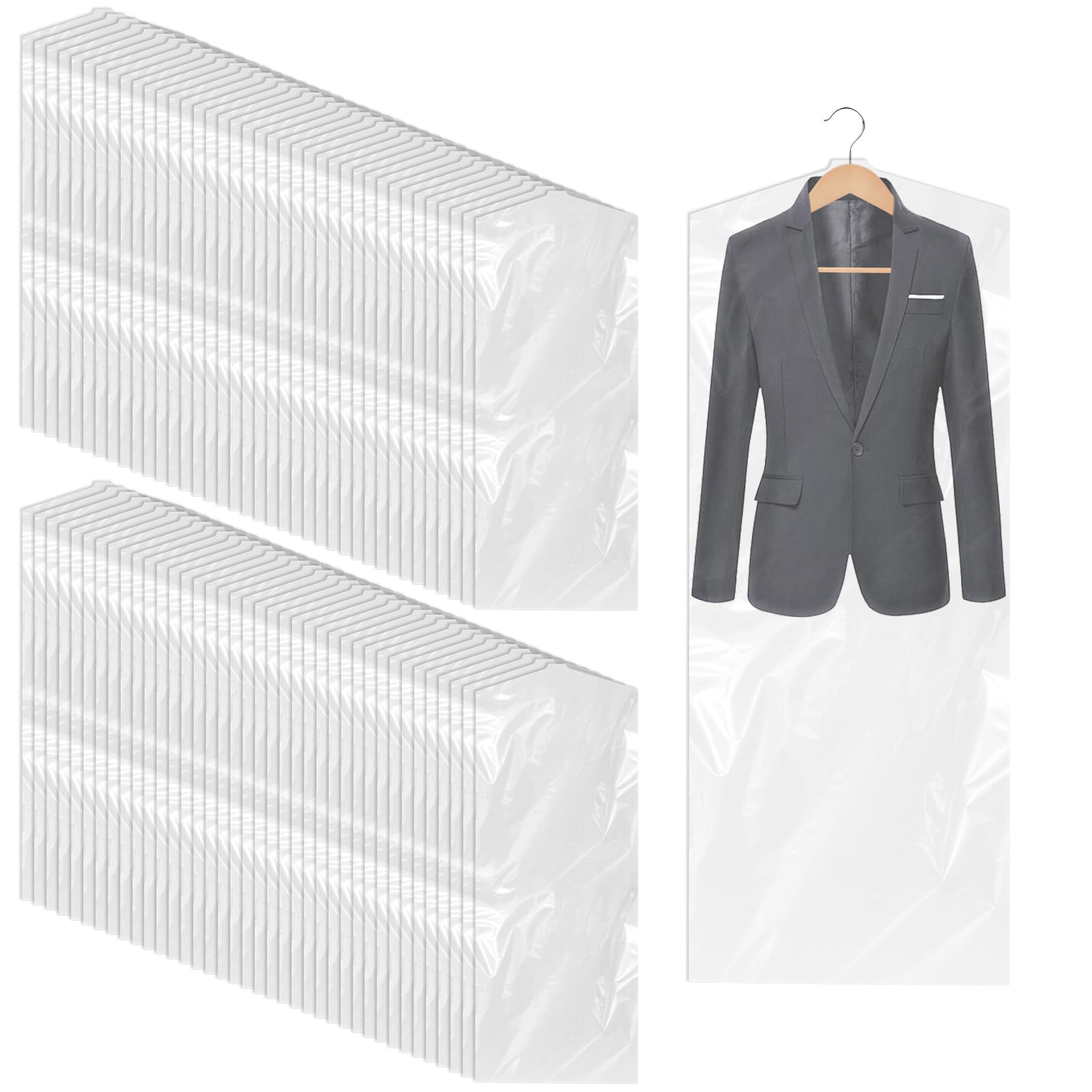 Prasacco 50 Pcs Garment Bags for Hanging Clothes, 60x24inch Plastic Clear Clothes Covers Dry Cleaning Bag Hanging Clothing Covers Dust-proof Garment Bags for Dry Cleaner, Home Storage, Travel