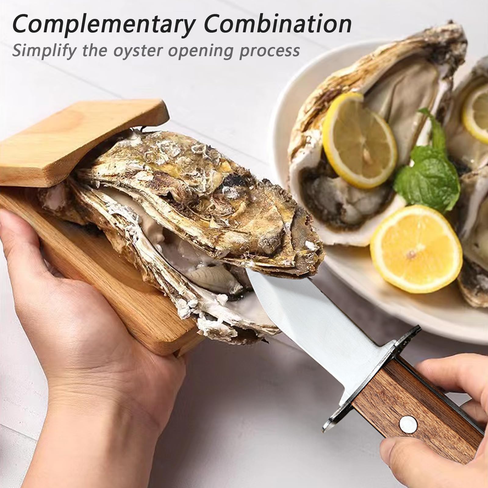 LOVEJO Oyster Clamp Shucking Set, Durable Stainless Steel Knife, Wood Holder, Safety Glove, Multifunctional Oyster Shucking Clamp and Knife for Seafood, Clams, Nuts, Nutcracker & Protective Gloves