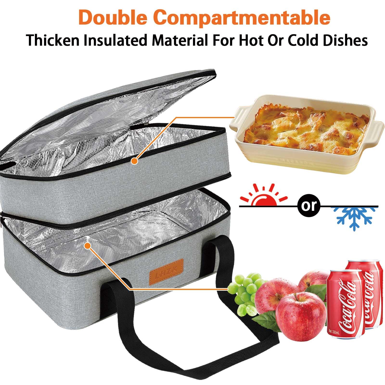 LHZK Double Insulated Casserole Carrier, Expandable Casserole Carriers for Hot or Cold Food, Insulated Food Carrier for Travel, Parties, Picnic, Fits 11 x 15 or 9 x 13 Baking Dish (Grey)