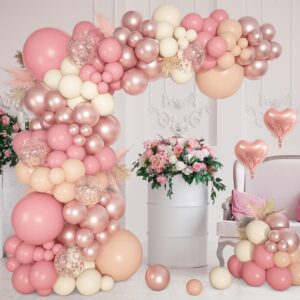 Ouddy Life Dusty Pink Balloons Arch Kit, Different Sizes 18 12 10 5Inch Blush Pink Rose Gold Nude Ivory Confetti Latex Heart Foil Balloon for Girls Wedding Baby Shower Boho Birthday Party Decorations