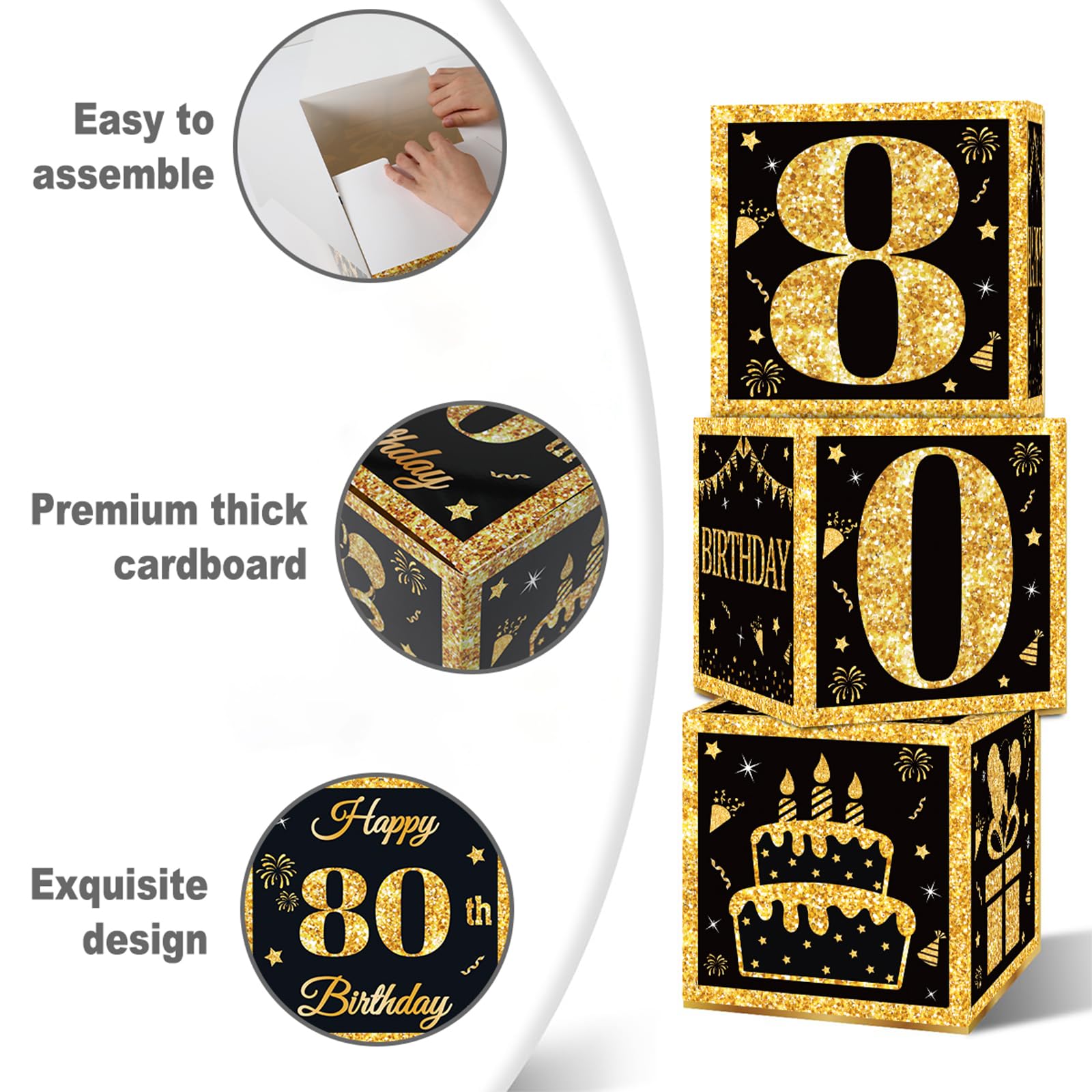 80th Birthday Decorations Boxes for Men- 3PCS Black Gold Happy 80th Birthday Balloons Boxes, 80 Year Old Party Supplies for Men Women