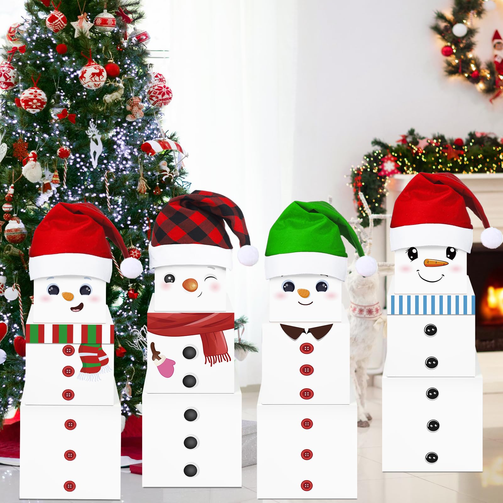 MotiMind 16 Pcs Christmas Snowman Stackable Gift Boxes with Hats in 4 Designs Stackable Snowman Gift Box Tower Xmas Nesting Box for Gift Wrapping Party Decor Christmas Stacking Gift Boxes