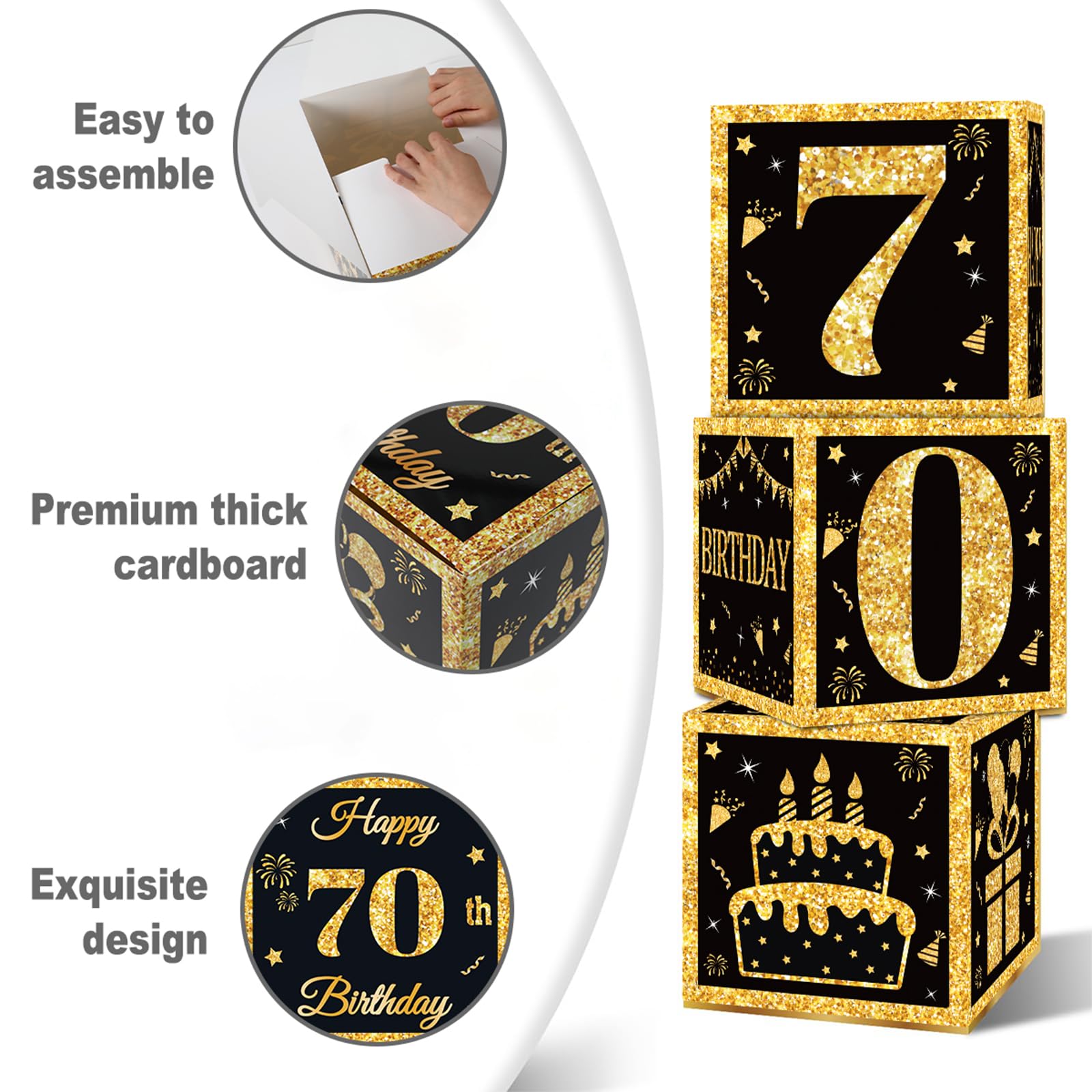 70th Birthday Decorations Boxes for Men- 3PCS Black Gold Happy 70th Birthday Balloons Boxes, 70 Year Old Party Supplies for Men Women