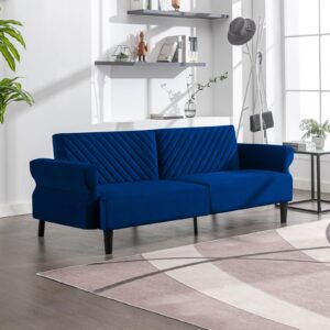 cecer 78''futon sofa with ajustable armrest, 3 seat convertible sofa bed couch with modern design for living room,apartment(dark blue)