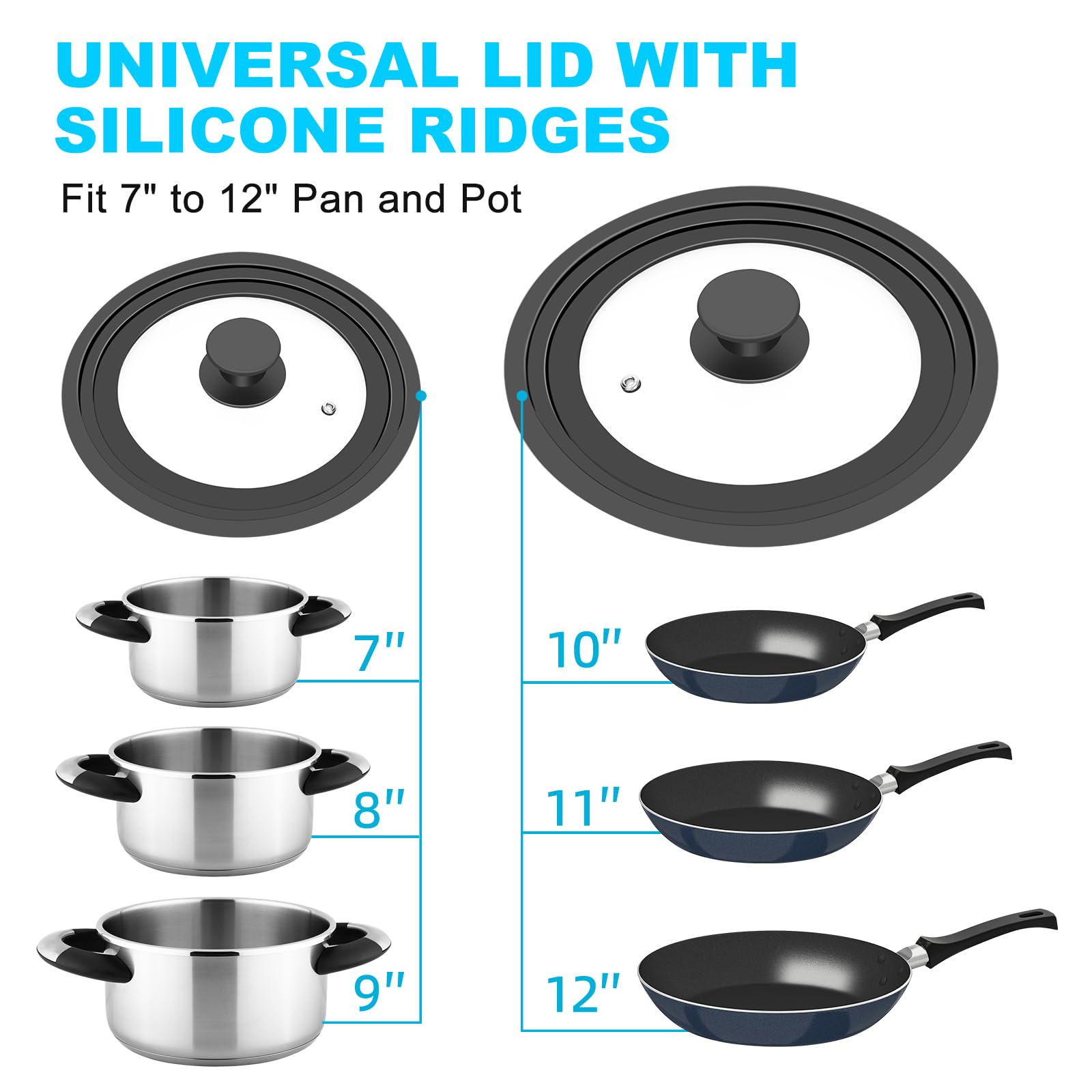 Universal Lid for Pots Pans and Skillets, Pan lid Fit 7", 8", 9",10", 11", 12" Cookware, Pan Lid with Tempered Glass and Silicone Edging, Pot Lid for Skillets, Frying Pans, CrockPot (2 Pack)