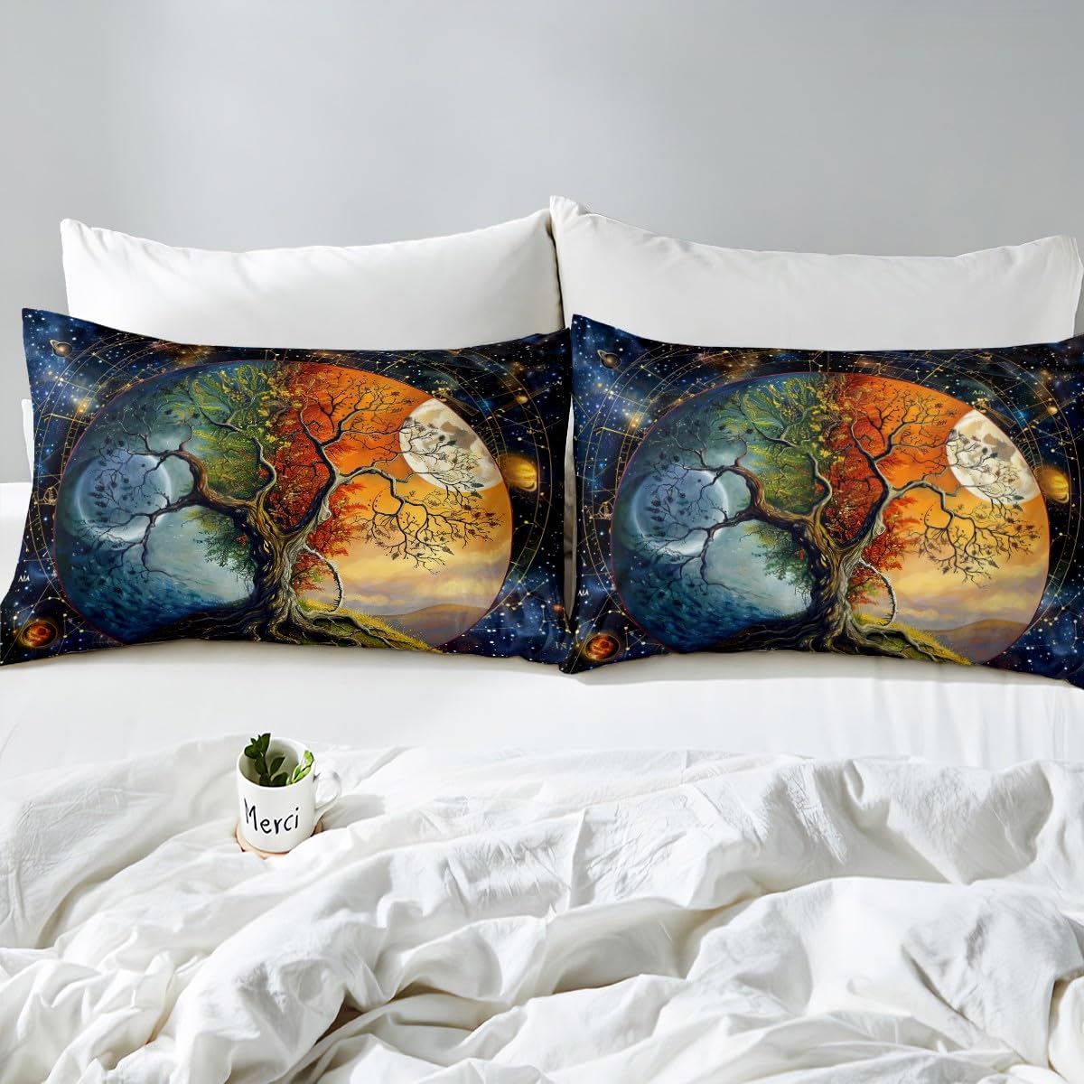 Feelyou Tree of Life Duvet Cover Queen Size Sun and Moon Bedding Set for Kids Psychedelic Galaxy Comforter Cover Set Teens Decor Constellations Bedspread Cover Zipper Closure