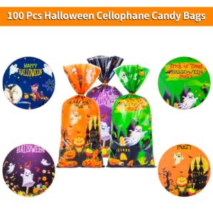 GOMANCHE Halloween Cellophane Candy Bags,100 Pieces Halloween Trick or Treat Bags with 100 Piece Twist Ties for Halloween Party Favor Decrations, 4 Assorted Styles