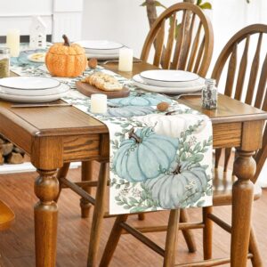 Fall Table Runner Blue Pumpkin Table Runner Thanksgiving Table Runner Pumpkins Eucalyptus Leaves Autumn Table Runner 13x72 Inch Blue Fall Decorations for Home Holiday Kitchen Dining Table Decorations