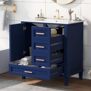 lostcat 30-inch navy bathroom vanity with sink - solid wood,bathroom vanity cabinet with 2 drawers + 1 tip-out drawer,soft close doors,easy assembly